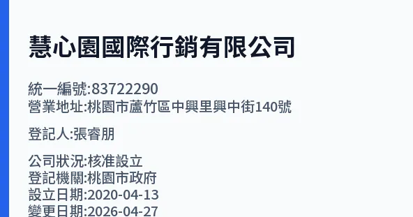 慧心園國際行銷有限公司的照片-統編 83722290(桃園市) 公司登記資料與營業項目詳細圖表