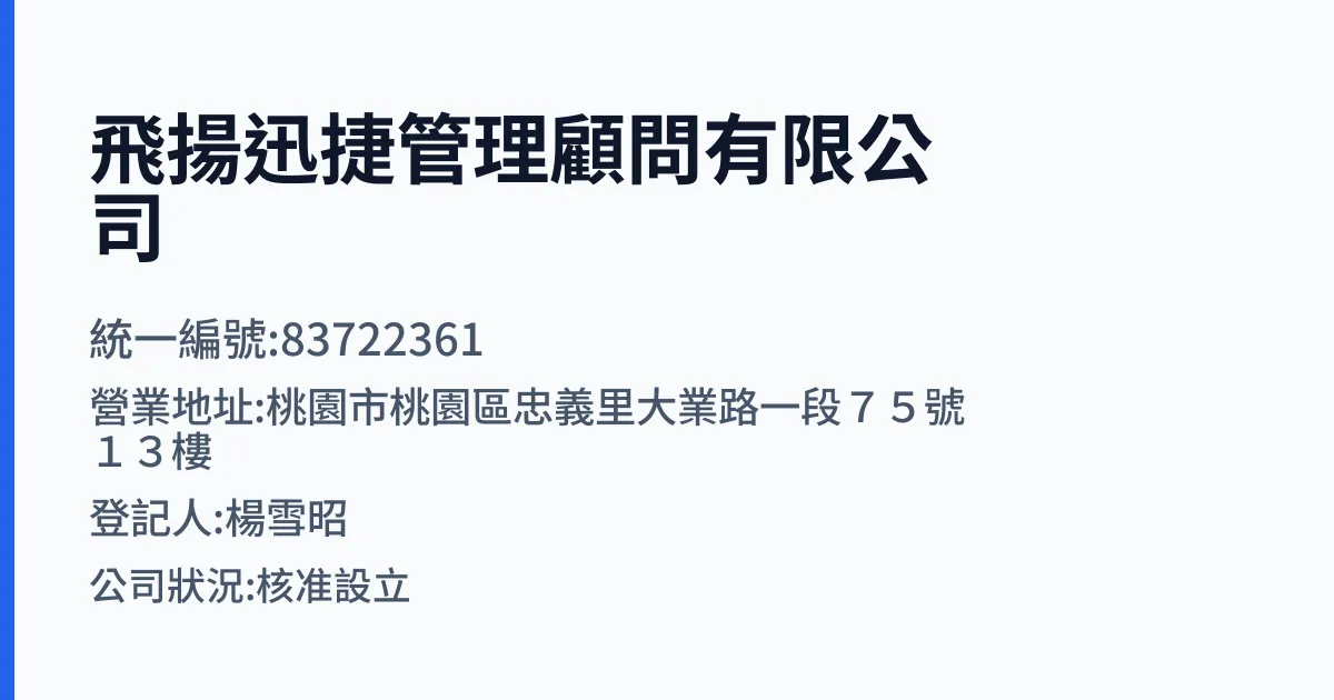 飛揚迅捷管理顧問有限公司 - 統編 83722361(桃園市) 公司登記資料與營業項目詳細圖表