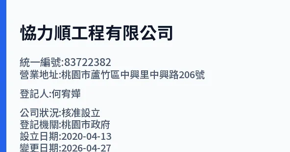 恊力順工程有限公司的照片-統編 83722382(桃園市) 公司登記資料與營業項目詳細圖表