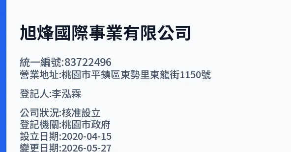 旭烽國際事業有限公司的照片-統編 83722496(桃園市) 公司登記資料與營業項目詳細圖表