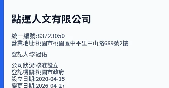點運人文有限公司的照片-統編 83723050(桃園市) 公司登記資料與營業項目詳細圖表