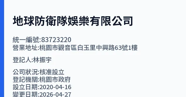 地球防衛隊娛樂有限公司的照片-統編 83723220(桃園市) 公司登記資料與營業項目詳細圖表