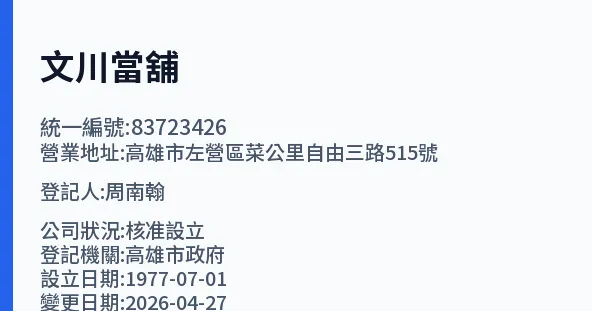 文川當舖的照片-統編 83723426(高雄市) 公司登記資料與營業項目詳細圖表