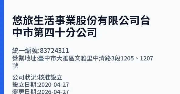悠旅生活事業股份有限公司台中市第四十分公司的照片-統編 83724311(臺中市) 公司登記資料與營業項目詳細圖表