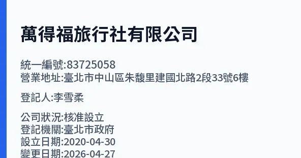 萬得福旅行社有限公司的照片-統編 83725058(臺北市) 公司登記資料與營業項目詳細圖表