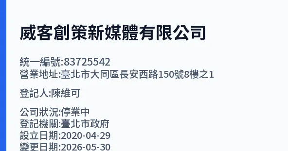 威客創策新媒體有限公司的照片-統編 83725542(臺北市) 公司登記資料與營業項目詳細圖表