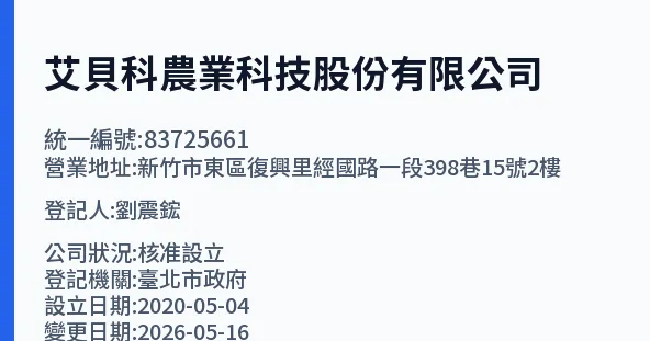 艾貝科農業科技股份有限公司的照片-統編 83725661(新竹市) 公司登記資料與營業項目詳細圖表