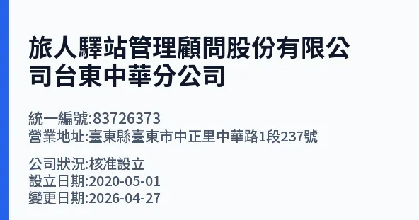旅人驛站管理顧問股份有限公司台東中華分公司的照片-統編 83726373(臺東縣) 公司登記資料與營業項目詳細圖表