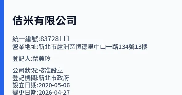 佶米有限公司的照片-統編 83728111(新北市) 公司登記資料與營業項目詳細圖表