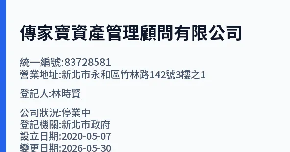 傳家寶資產管理顧問有限公司的照片-統編 83728581(新北市) 公司登記資料與營業項目詳細圖表