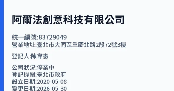 阿爾法創意科技有限公司的照片-統編 83729049(臺北市) 公司登記資料與營業項目詳細圖表