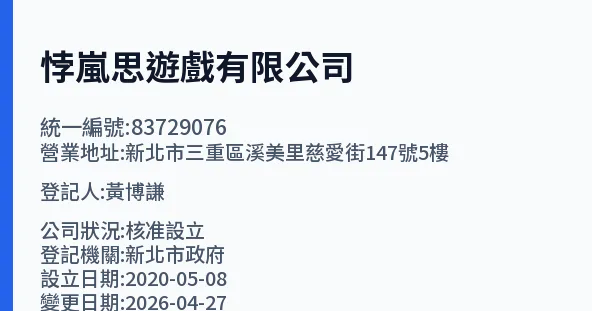 悖嵐思遊戲有限公司的照片-統編 83729076(新北市) 公司登記資料與營業項目詳細圖表
