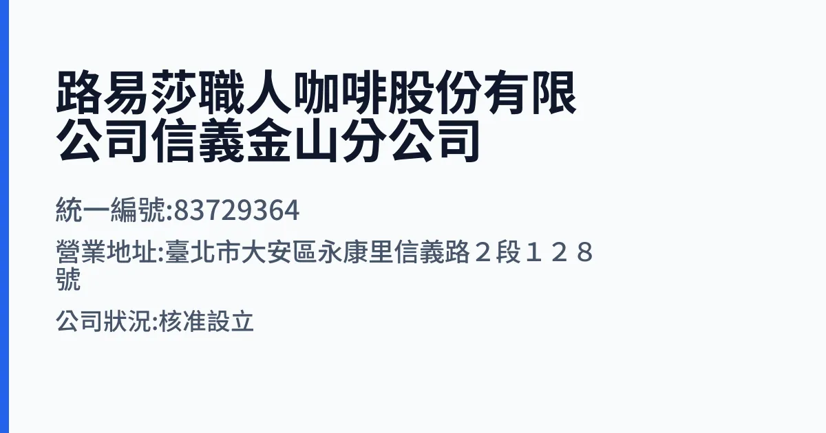 路易莎職人咖啡股份有限公司信義金山分公司 - 統編 83729364(臺北市) 公司登記資料與營業項目詳細圖表