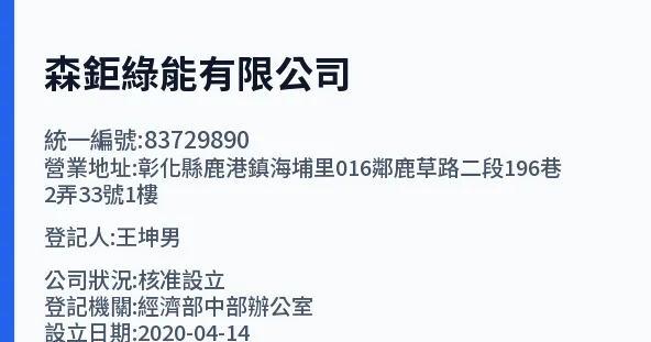森鉅綠能有限公司的照片-統編 83729890(彰化縣) 公司登記資料與營業項目詳細圖表