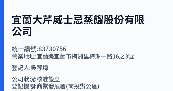 宜蘭大芹威士忌蒸餾股份有限公司的照片-統編 83730756(宜蘭縣) 公司登記資料與營業項目詳細圖表