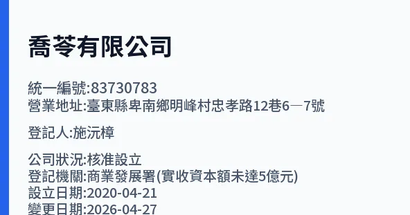喬苓有限公司的照片-統編 83730783(臺東縣) 公司登記資料與營業項目詳細圖表