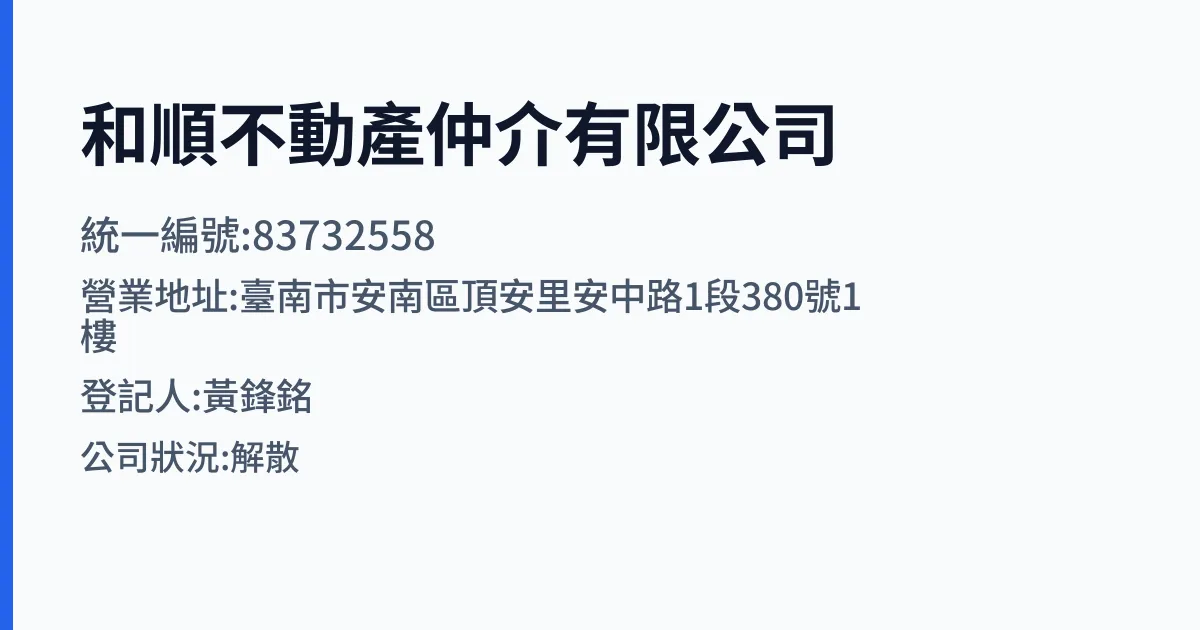 和順不動產仲介有限公司 - 統編 83732558(臺南市) 公司登記資料與營業項目詳細圖表