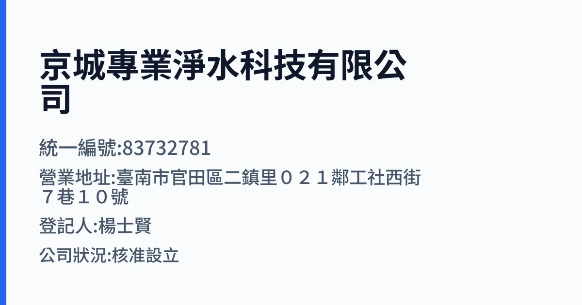 京城專業淨水科技有限公司 - 統編 83732781(臺南市) 公司登記資料與營業項目詳細圖表