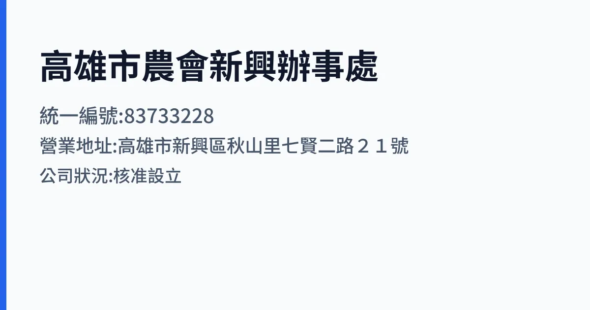 高雄市農會新興辦事處 - 統編 83733228(高雄市) 公司登記資料與營業項目詳細圖表