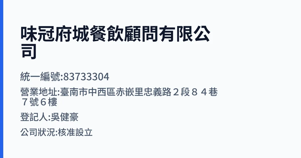 味冠府城餐飲顧問有限公司 - 統編 83733304(臺南市) 公司登記資料與營業項目詳細圖表
