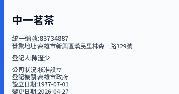 中一茗茶的照片-統編 83734887(高雄市) 公司登記資料與營業項目詳細圖表