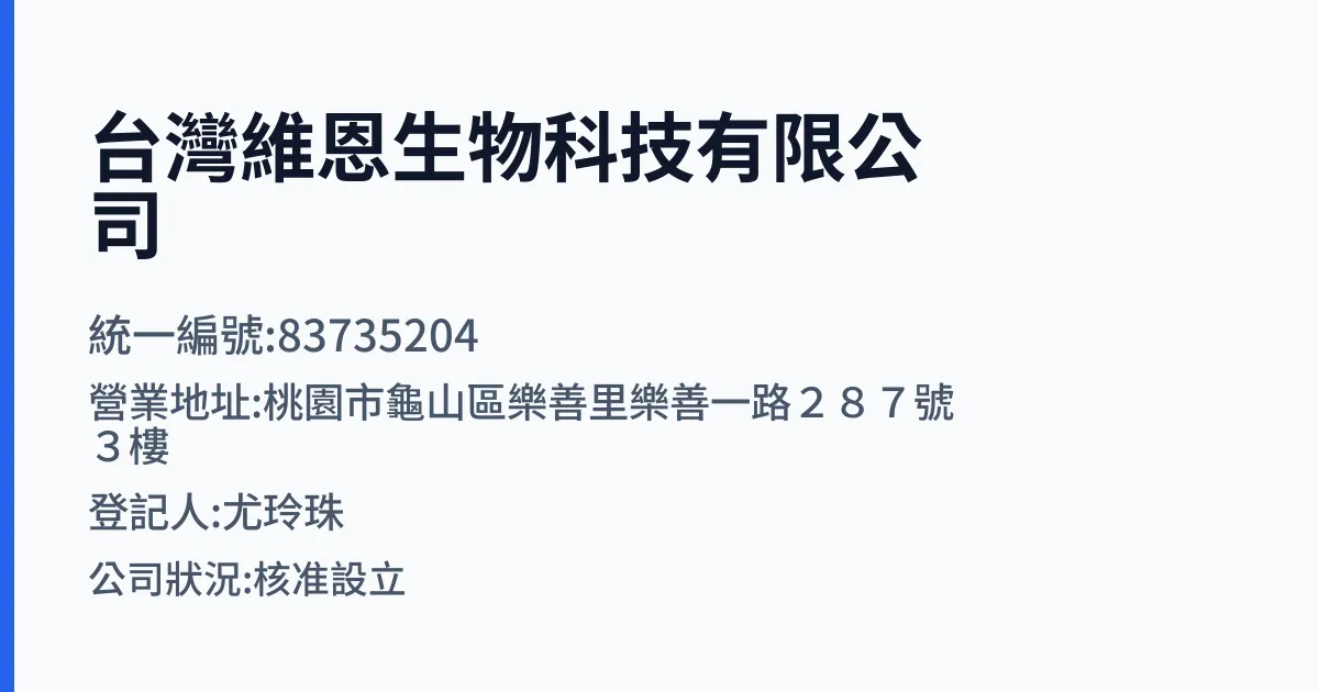 台灣維恩生物科技有限公司 - 統編 83735204(桃園市) 公司登記資料與營業項目詳細圖表
