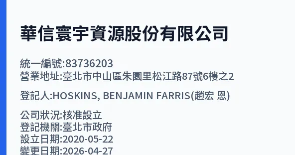 華信寰宇資源股份有限公司的照片-統編 83736203(臺北市) 公司登記資料與營業項目詳細圖表