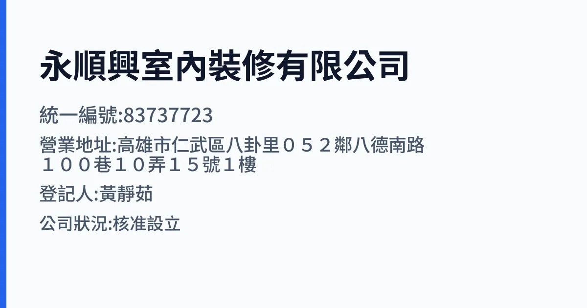 永順興室內裝修有限公司 - 統編 83737723(高雄市) 公司登記資料與營業項目詳細圖表
