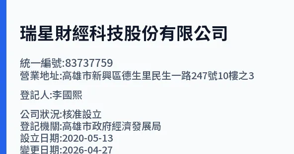 瑞星財經科技股份有限公司的照片-統編 83737759(高雄市) 公司登記資料與營業項目詳細圖表