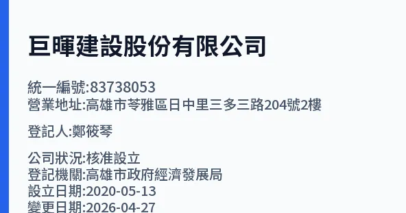 巨暉建設股份有限公司的照片-統編 83738053(高雄市) 公司登記資料與營業項目詳細圖表