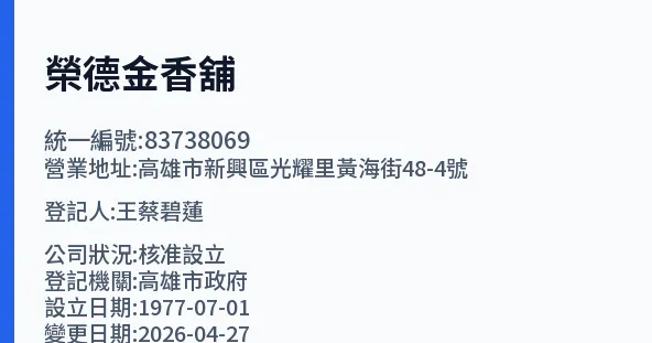榮德金香舖的照片-統編 83738069(高雄市) 公司登記資料與營業項目詳細圖表