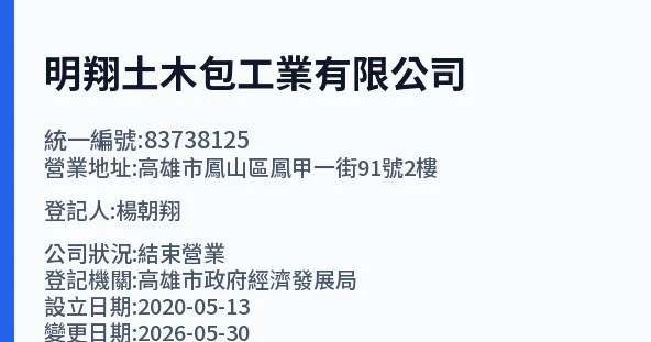 明翔土木包工業有限公司的照片-統編 83738125(高雄市) 公司登記資料與營業項目詳細圖表