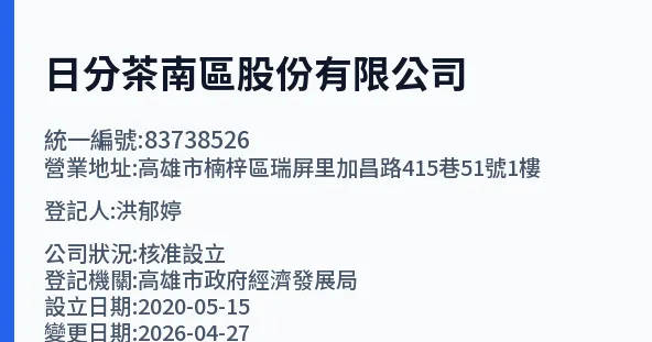 日分茶南區股份有限公司的照片-統編 83738526(高雄市) 公司登記資料與營業項目詳細圖表