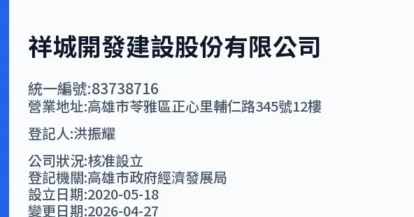 祥城開發建設股份有限公司的照片-統編 83738716(高雄市) 公司登記資料與營業項目詳細圖表