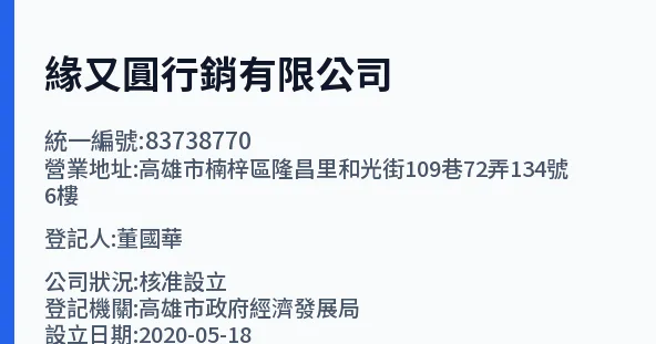 緣又圓行銷有限公司的照片-統編 83738770(高雄市) 公司登記資料與營業項目詳細圖表