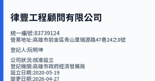 律豐工程顧問有限公司的照片-統編 83739124(高雄市) 公司登記資料與營業項目詳細圖表