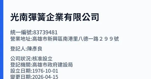 光南彈簧企業有限公司的照片-統編 83739481(高雄市) 公司登記資料與營業項目詳細圖表