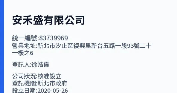 安禾盛有限公司的照片-統編 83739969(新北市) 公司登記資料與營業項目詳細圖表