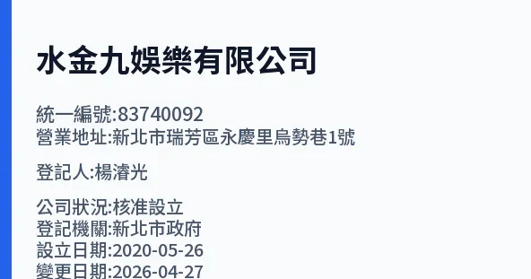 水金九娛樂有限公司的照片-統編 83740092(新北市) 公司登記資料與營業項目詳細圖表
