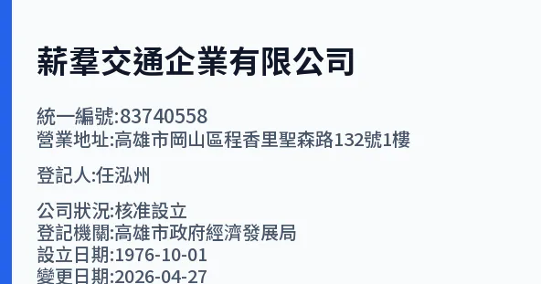 薪羣交通企業有限公司的照片-統編 83740558(高雄市) 公司登記資料與營業項目詳細圖表