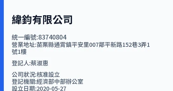 緯鈞有限公司的照片-統編 83740804(苗栗縣) 公司登記資料與營業項目詳細圖表