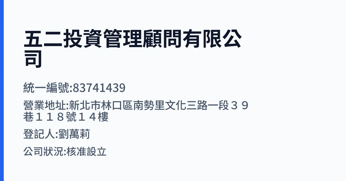 五二投資管理顧問有限公司 - 統編 83741439(新北市) 公司登記資料與營業項目詳細圖表