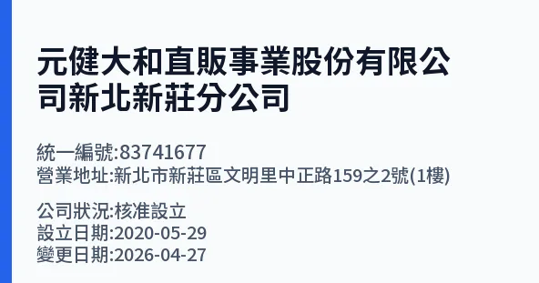 元健大和直販事業股份有限公司新北新莊分公司的照片-統編 83741677(新北市) 公司登記資料與營業項目詳細圖表