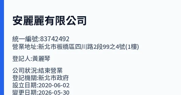 安麗麗有限公司的照片-統編 83742492(新北市) 公司登記資料與營業項目詳細圖表