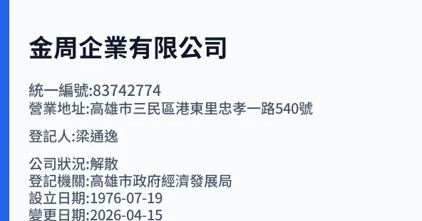 金周企業有限公司的照片-統編 83742774(高雄市) 公司登記資料與營業項目詳細圖表