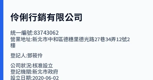 伶俐行銷有限公司的照片-統編 83743062(新北市) 公司登記資料與營業項目詳細圖表
