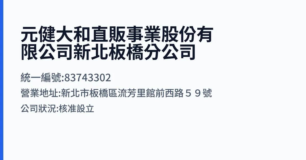 元健大和直販事業股份有限公司新北板橋分公司 - 統編 83743302(新北市) 公司登記資料與營業項目詳細圖表