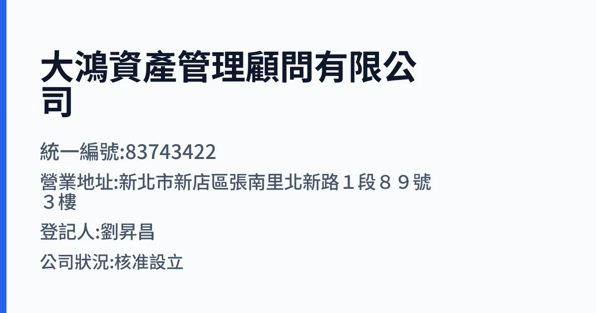 大鴻資產管理顧問有限公司 - 統編 83743422(新北市) 公司登記資料與營業項目詳細圖表