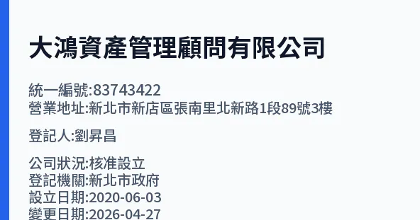 大鴻資產管理顧問有限公司的照片-統編 83743422(新北市) 公司登記資料與營業項目詳細圖表