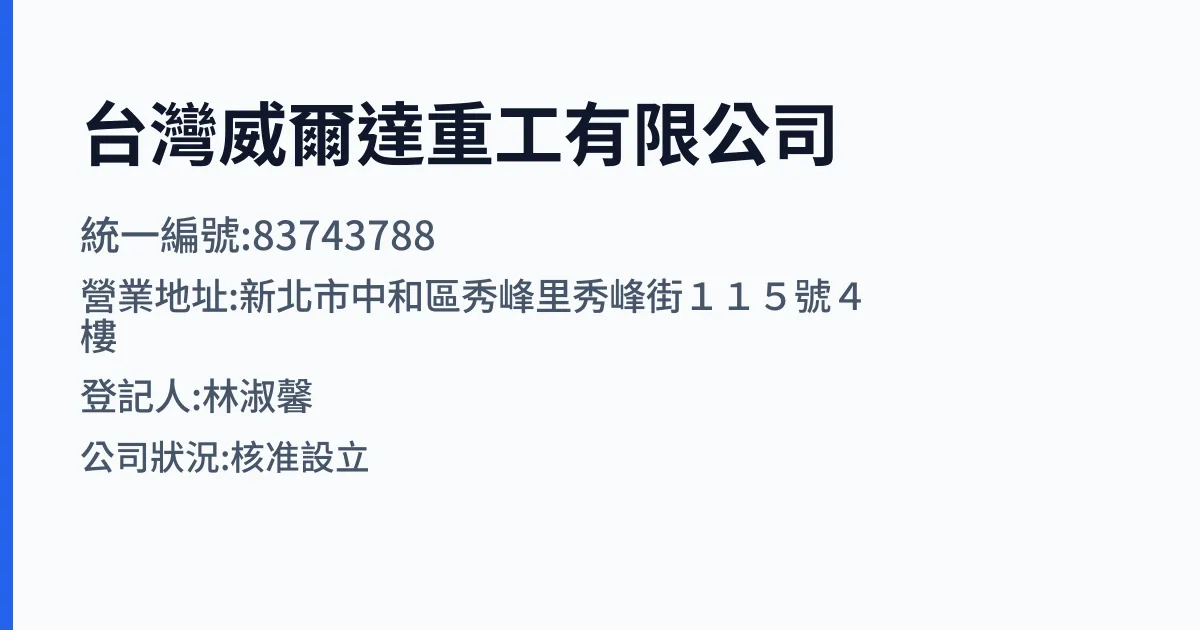 台灣威爾達重工有限公司 - 統編 83743788(新北市) 公司登記資料與營業項目詳細圖表